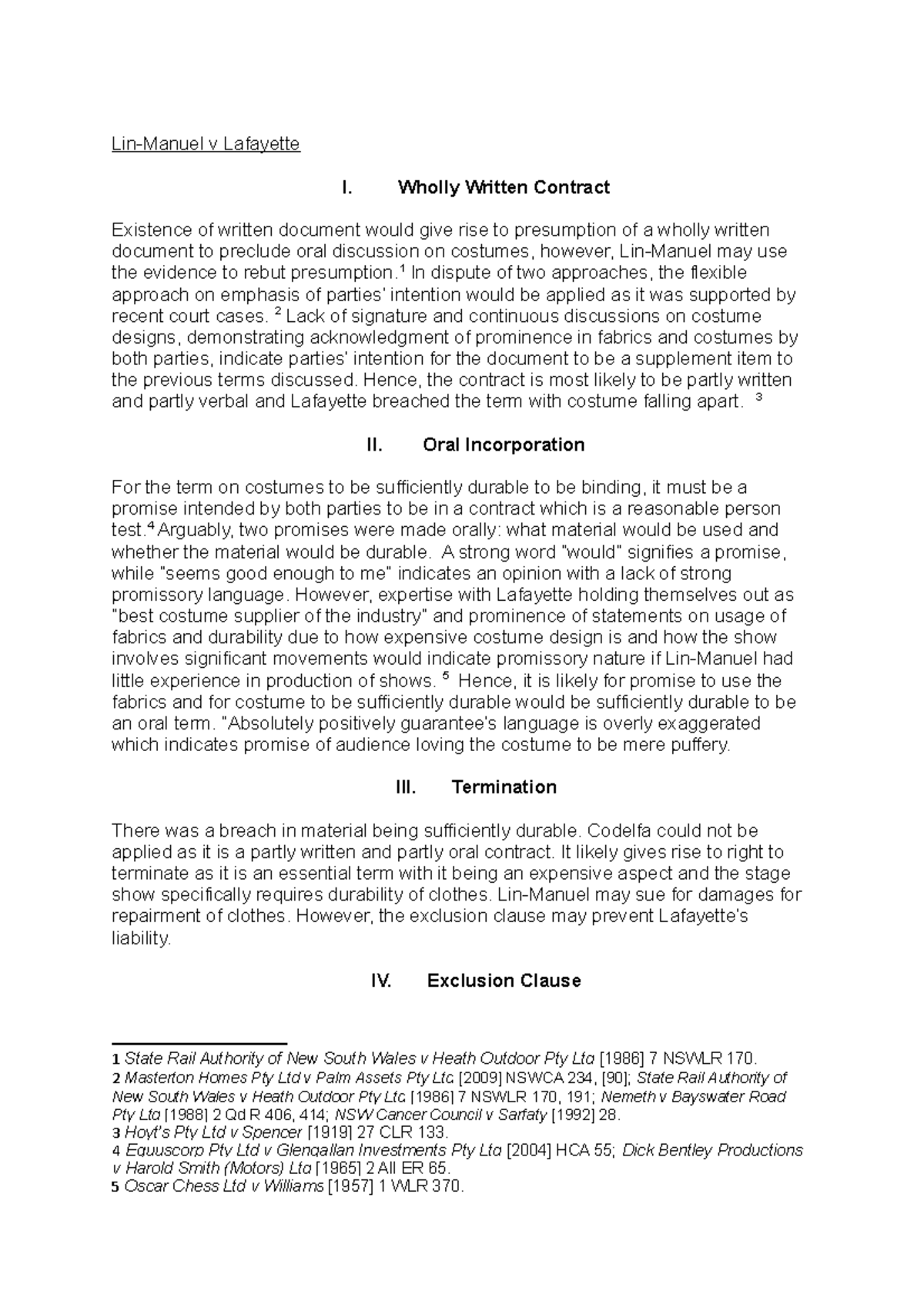 Contracts Assignment - Lin-Manuel v Lafayette I. Wholly Written ...