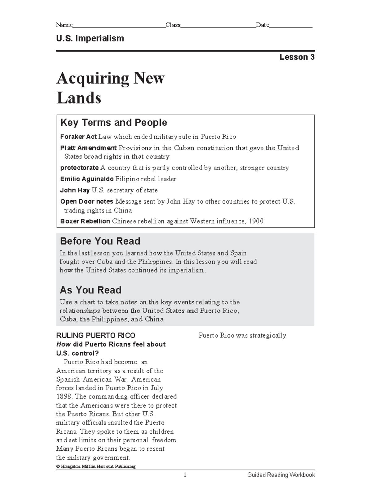 6-3 Guided Reading - © Houghton Mifflin Harcourt Publishing Company U ...