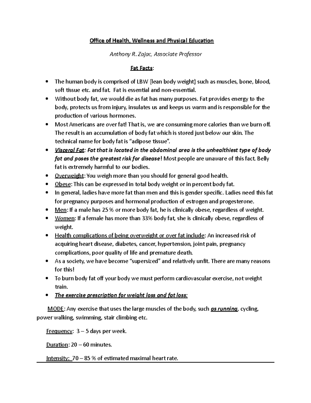 Body Fat notes lecture 2 - Office of Health, Wellness and Physical ...