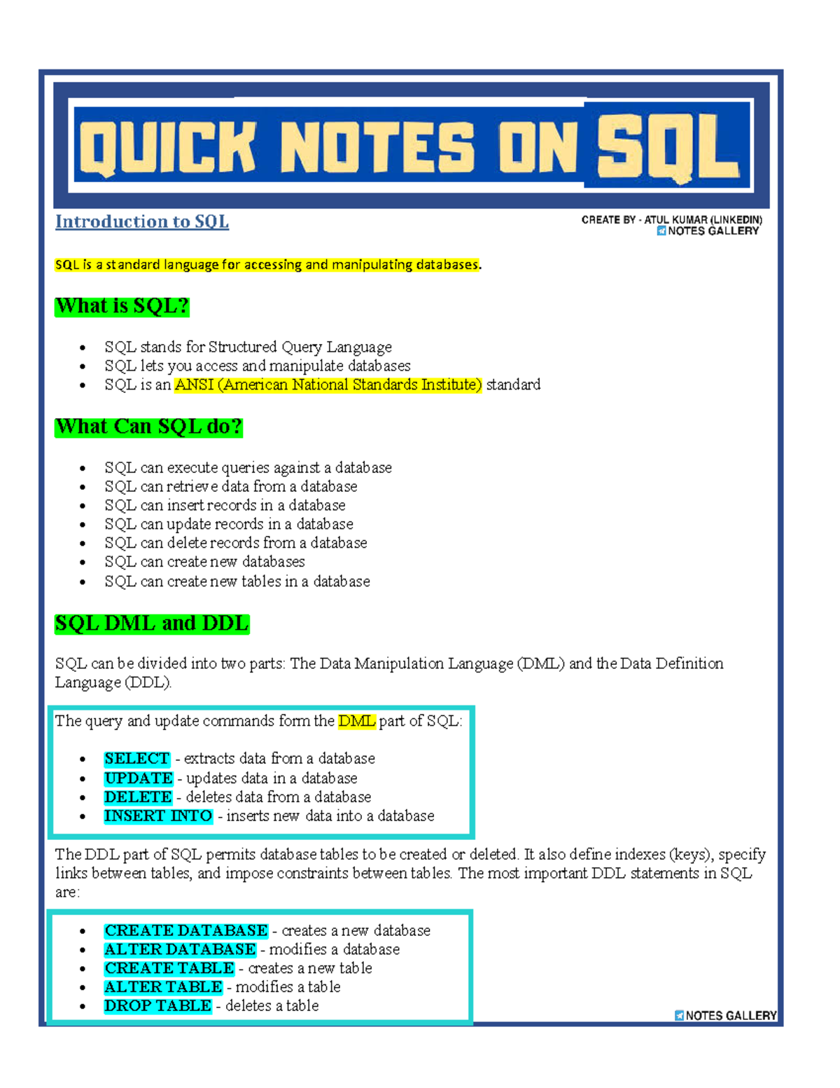Quick Short Notes On Sql For Interview Revision Sql Notes Introduction To Sql Sql Is A