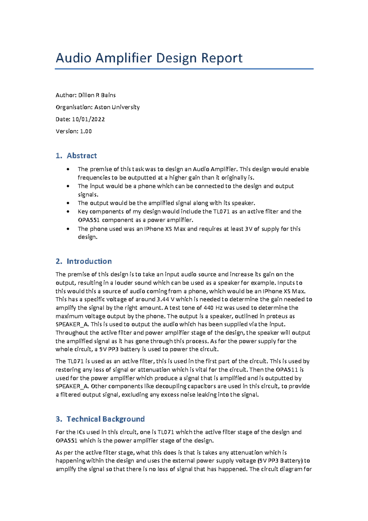Audio Amplifier Report - Audio Amplifier Design Report Author: Dillon R ...