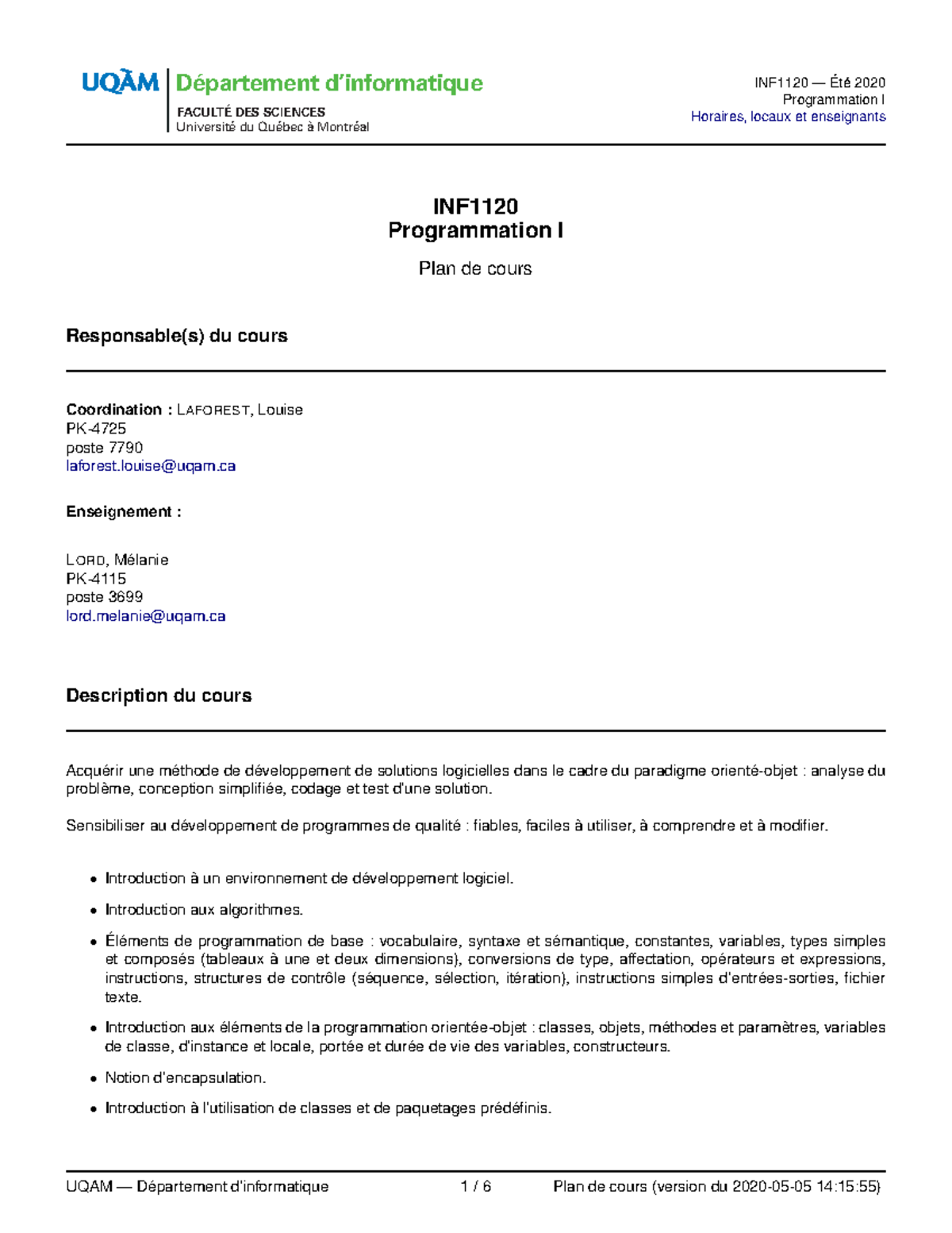 INF1120 E2020 - Plan de cours - Département d’informatique FACULTÉ DES ...