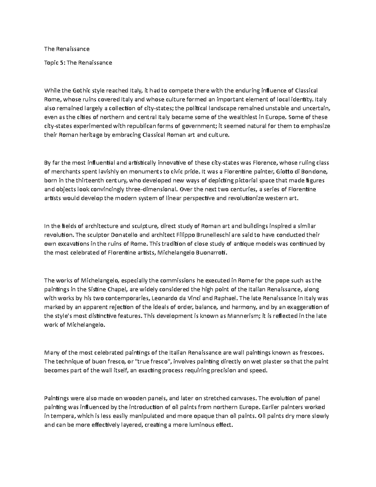 The Renaissance - Lecture notes 3 - The Renaissance Topic 5: The ...