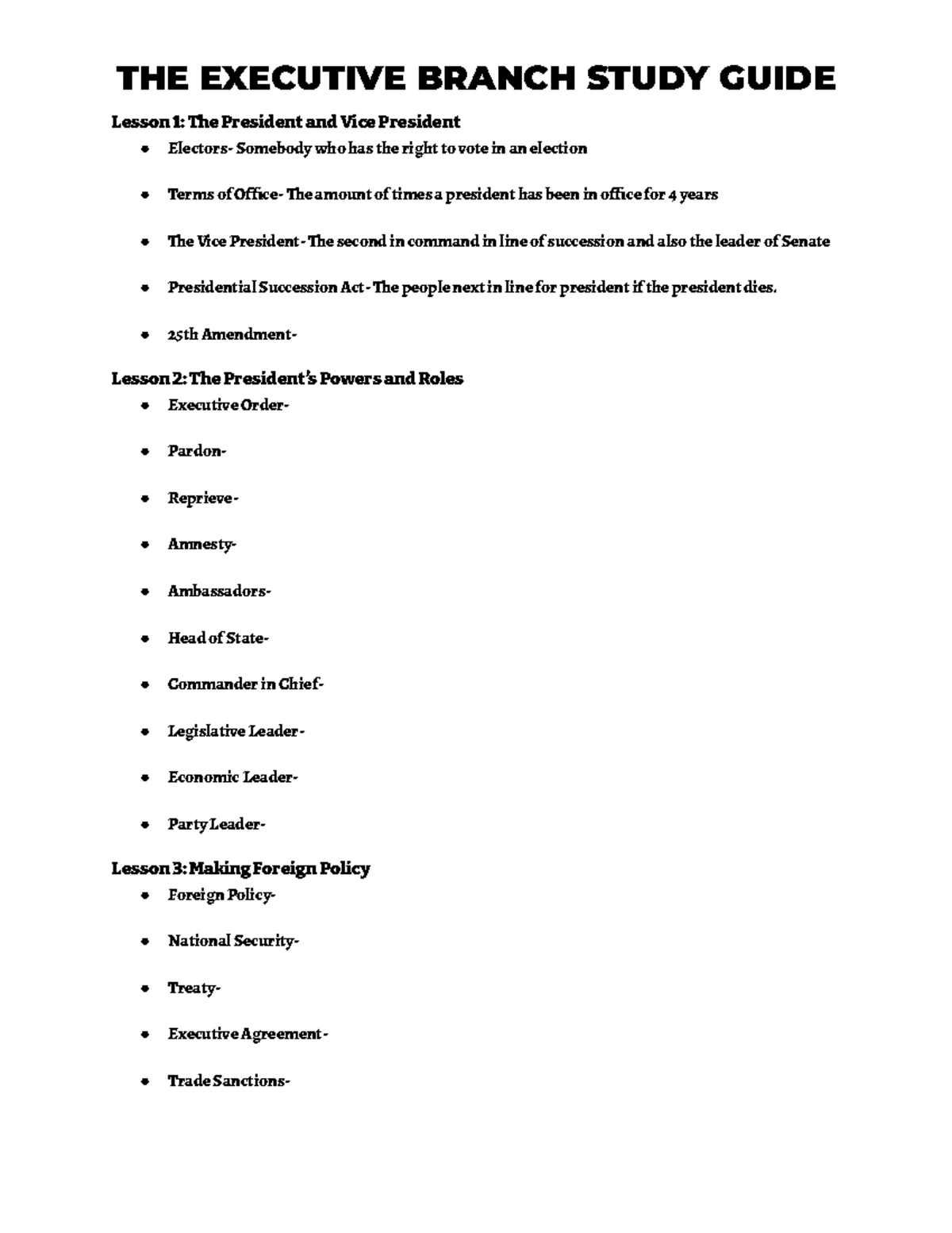 The Executive Branch Study Guide - THE EXECUTIVE BRANCH STUDY GUIDE ...