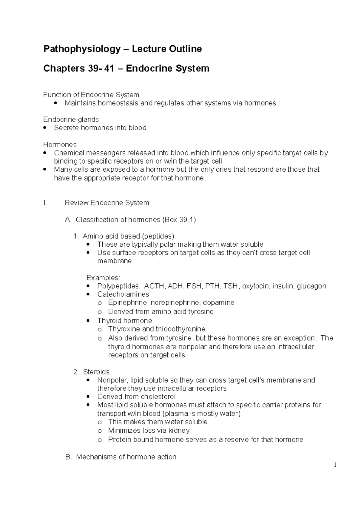 Chapters 39-41 - Endocrine System - Pathophysiology – Lecture Outline ...