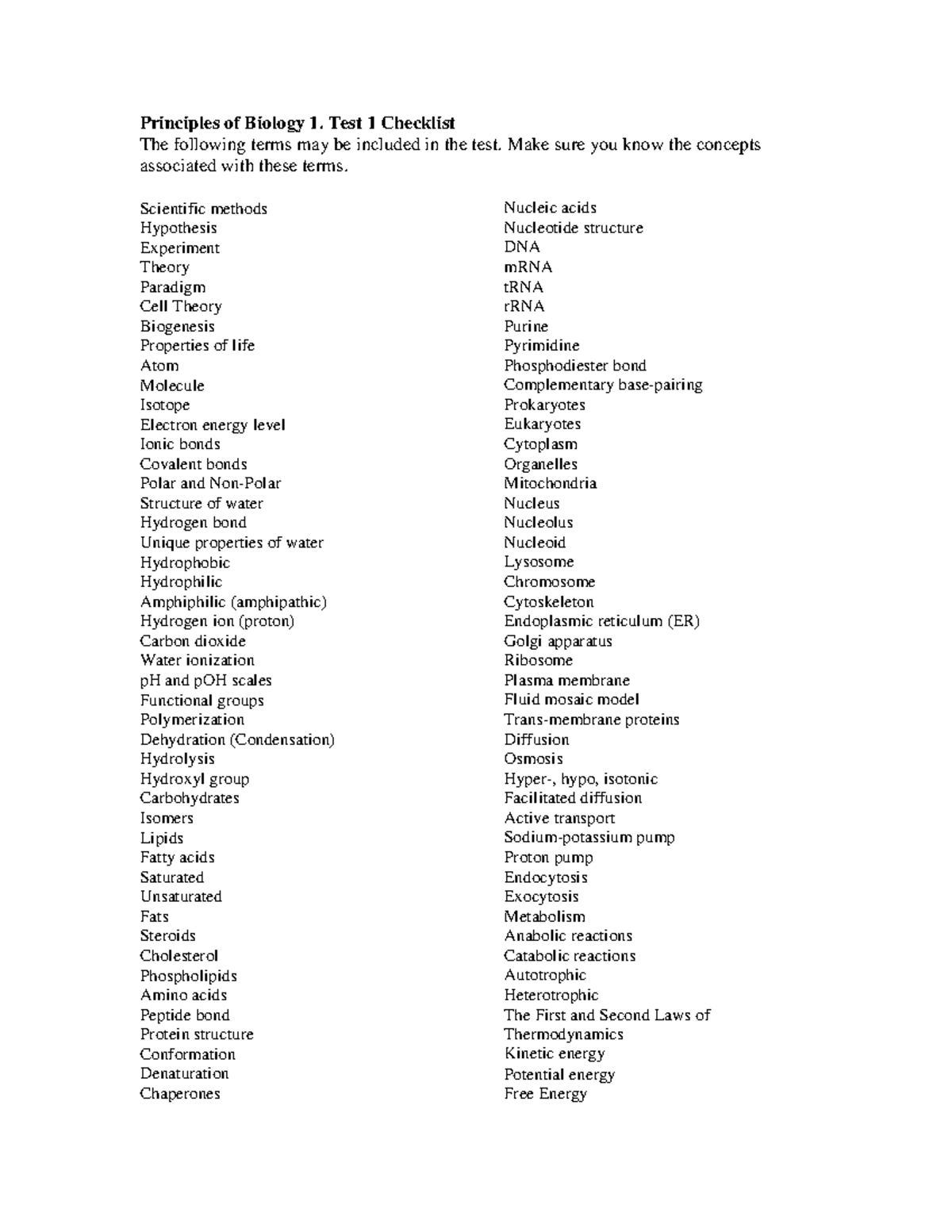 Test 1 vocabulary to know - Principles of Biology 1. Test 1 Checklist ...