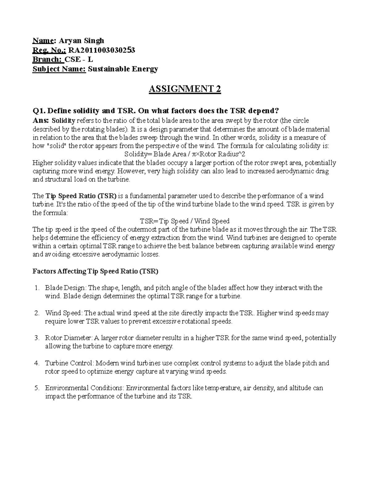 Energy Assignment 2 (CLA-2) - Branch: CSE - L Subject Name: Sustainable ...