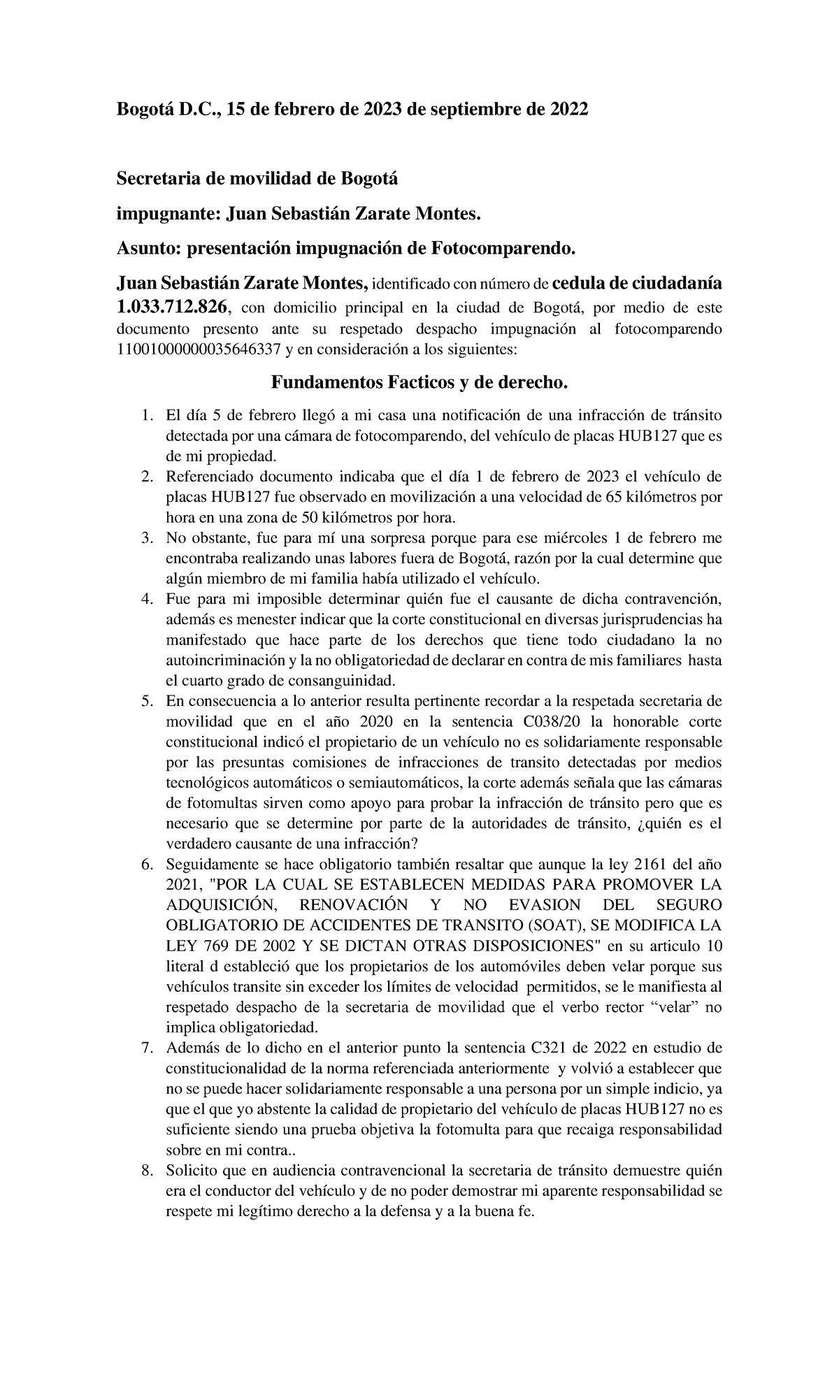 Impugnacion de fotocomparendo Sebastian Zarate - Bogotá D., 15 de ...