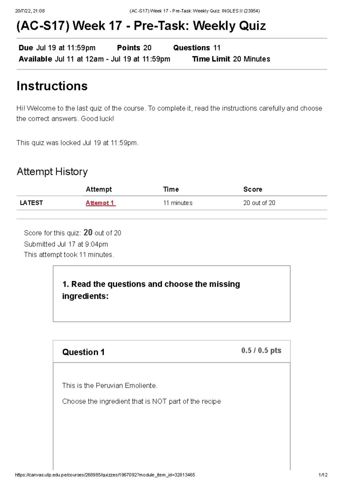 (AC-S17) Week 17 - Pre-Task Weekly Quiz Ingles II (23954) - (AC-S17 ...