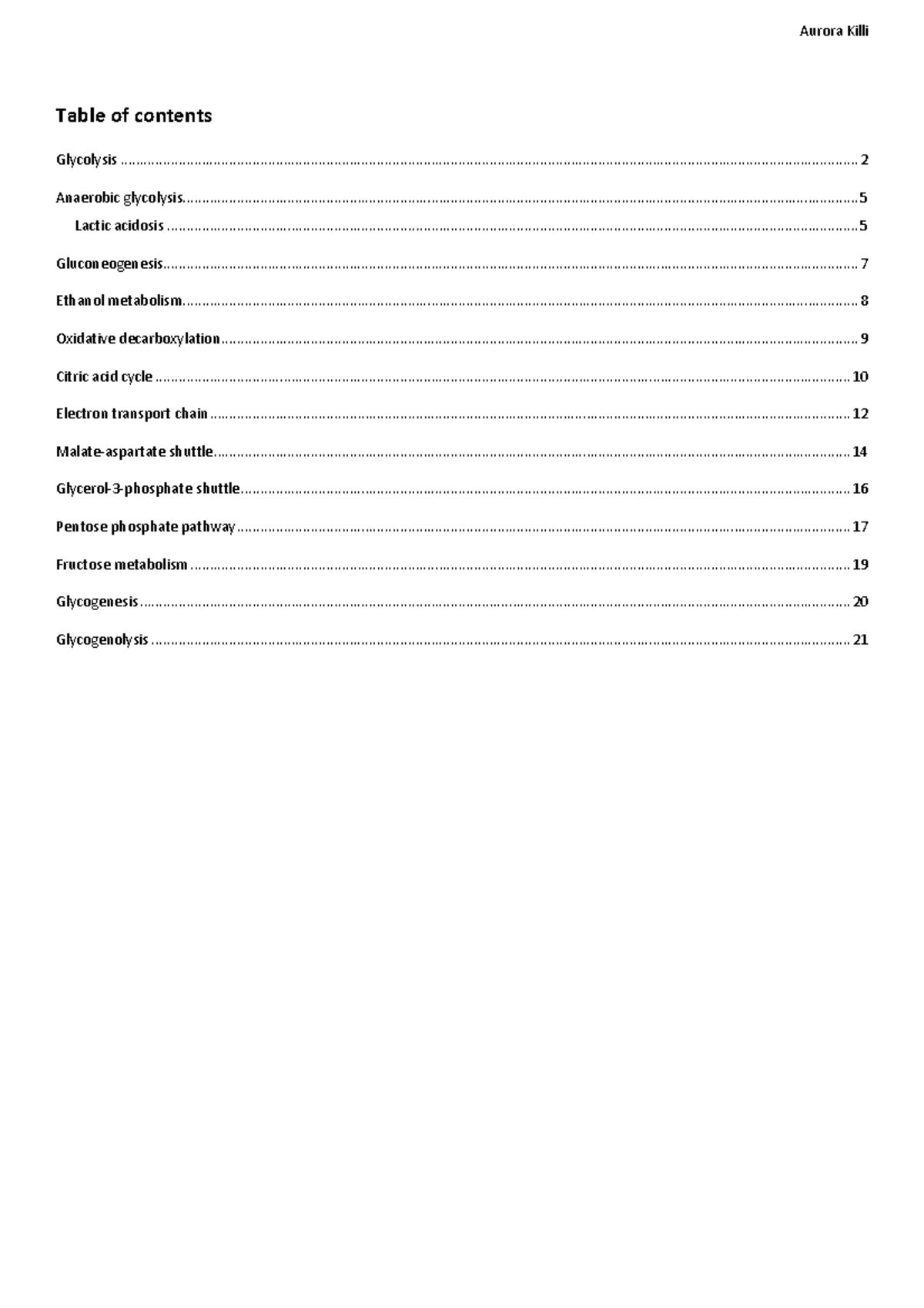 Bchem - Colloq 2 - Short biochem script - Table of contents Glycolysis ...
