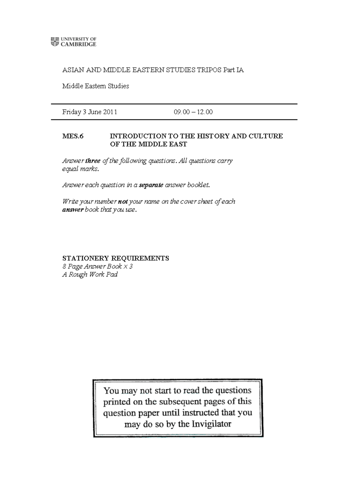 Exam 2011, questions - ASIAN AND MIDDLE EASTERN STUDIES TRIPOS Part IA ...
