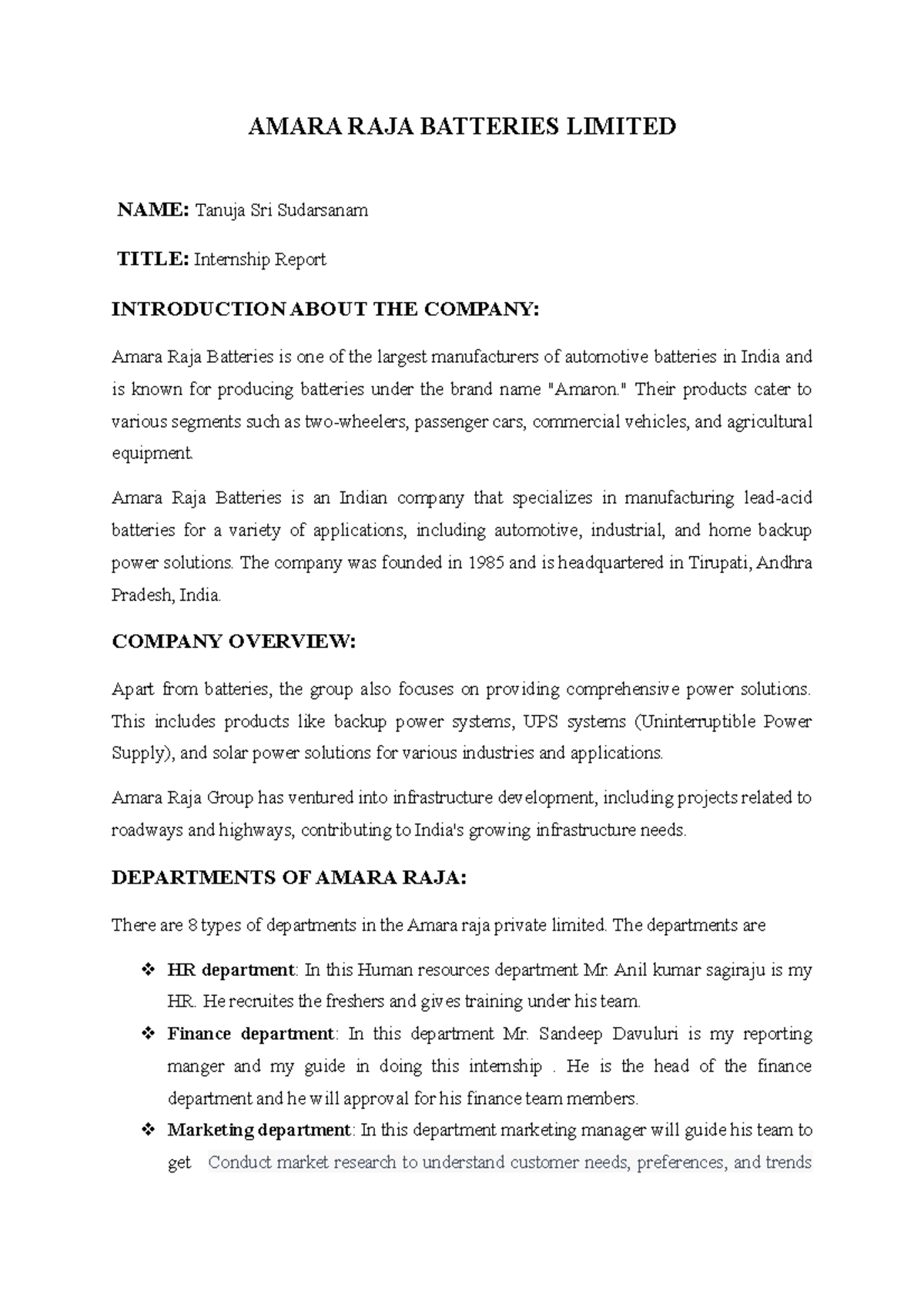 Tanuja Internship Report - AMARA RAJA BATTERIES LIMITED NAME: Tanuja Sri Sudarsanam TITLE: - Studocu