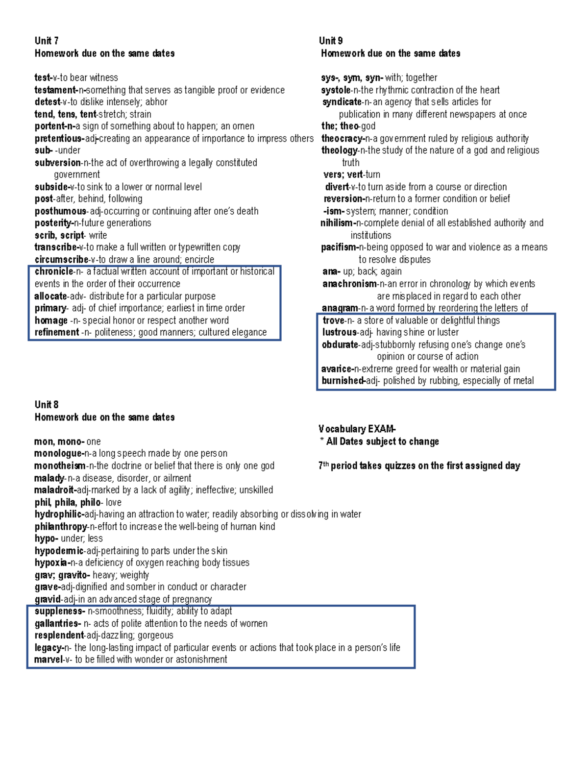 10th Grade Vocab Quarter 3 Unit 7-9 2023-2024-1 - Unit 7 Unit 9 ...
