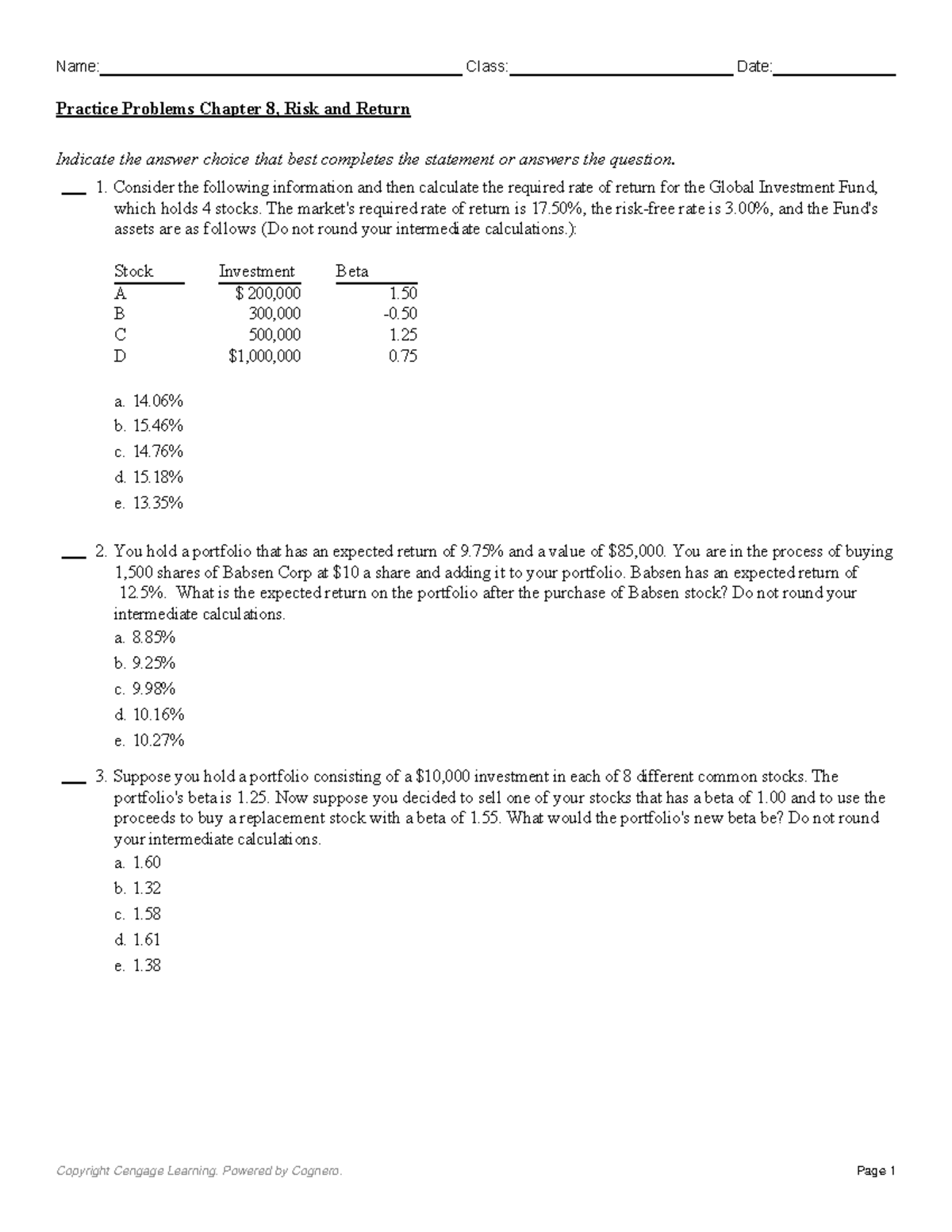 Practice Problems Chapter 8 Risk and Return - Indicate the answer ...