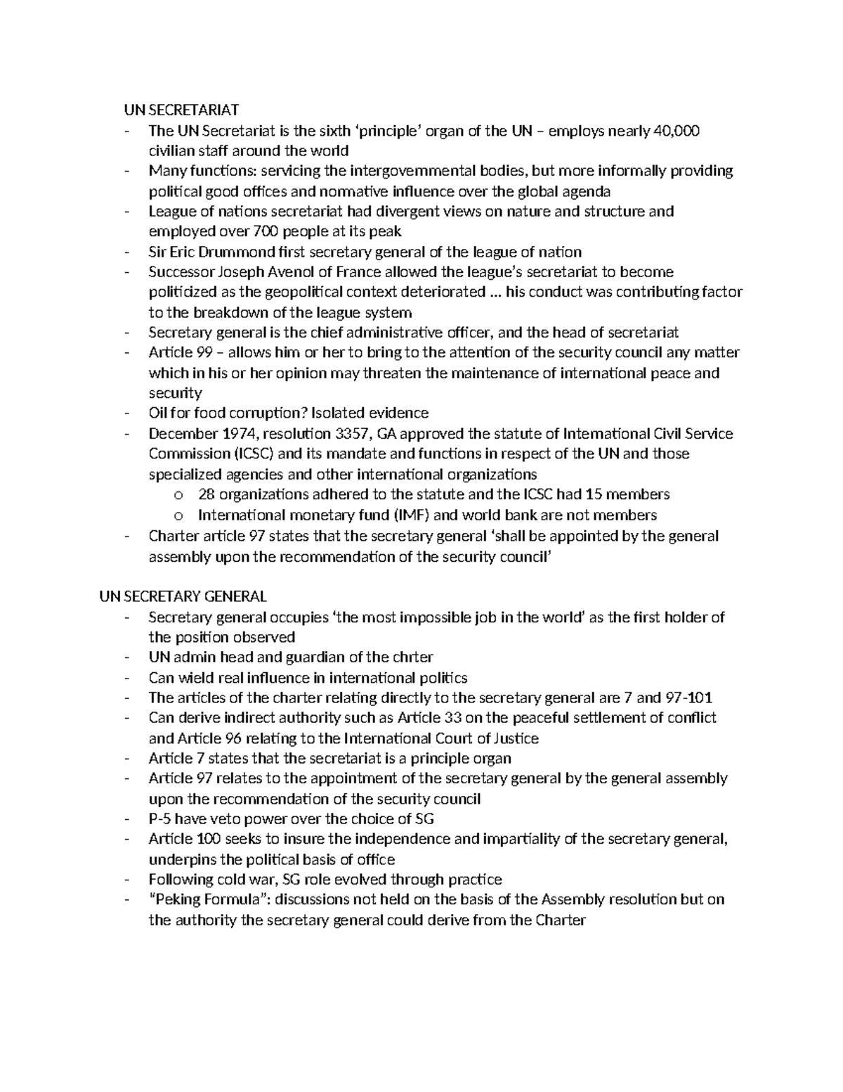 UN and Security notes - UN SECRETARIAT The UN Secretariat is the sixth ...