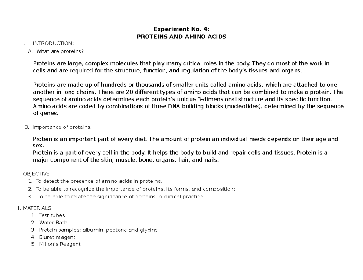 Experiment No 4 and 5-biochem - Experiment No. 4: PROTEINS AND AMINO ...