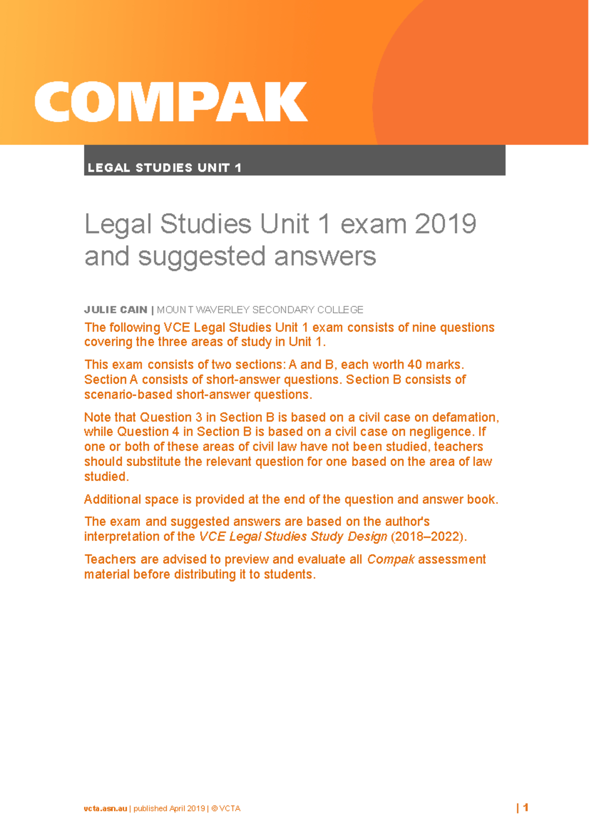 2019 Compak unit 1 exam yes - LEGAL STUDIES UNIT 1 Legal Studies Unit 1 ...