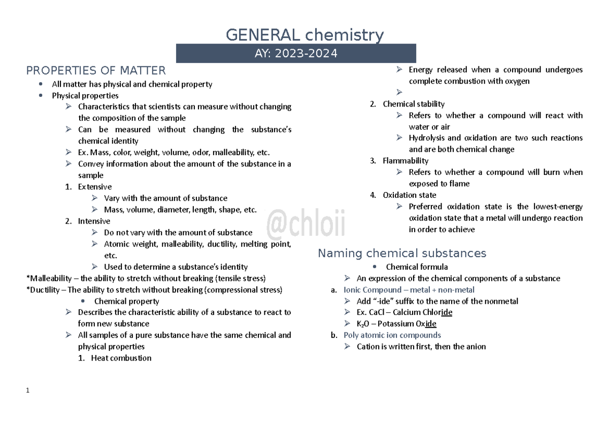Notes in Gen. Chem. 1 - PROPERTIES OF MATTER All matter has physical ...