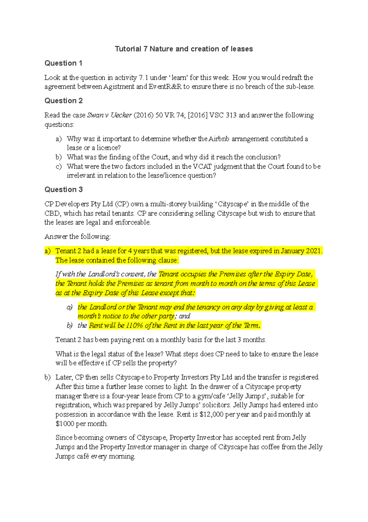 LLB301 Topic 7 Tutorial Questions - Tutorial 7 Nature and creation of ...