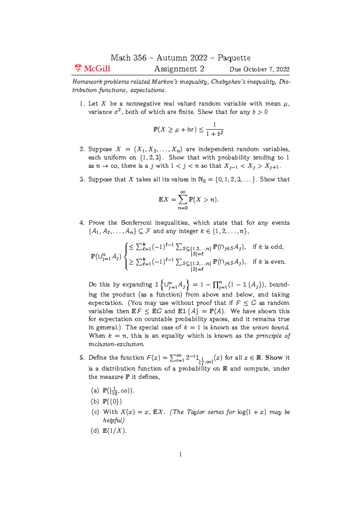 Assignment 2 - Math 356 – Autumn 2022 – Paquette Assignment 2 Due ...