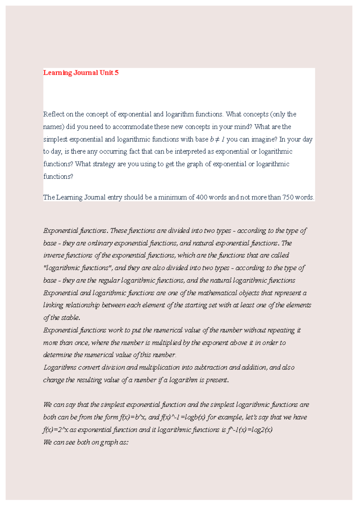 MATH 1201 Journal Unit 5 - Learning Journal Unit 5 Reflect on the concept of exponential and ...