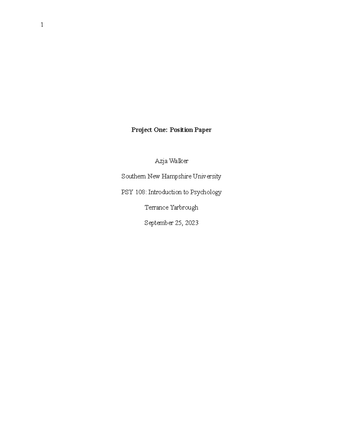 PSY 108-Project One - Project One - Project One: Position Paper Azja ...