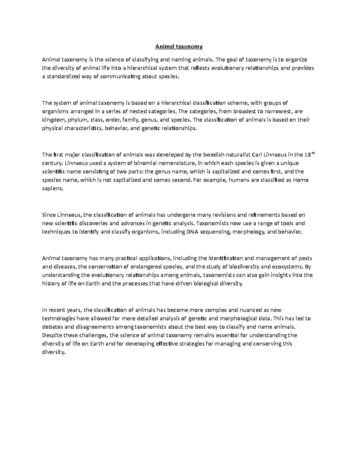 Animal taxonomy - Animal taxonomy Animal taxonomy is the science of ...