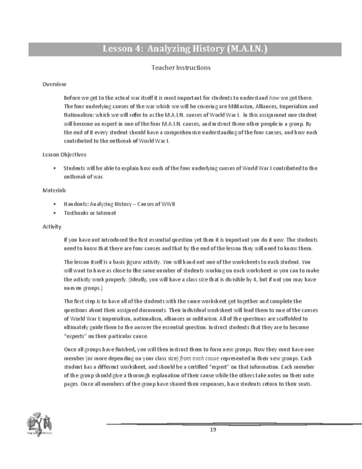 World War One Lesson Maincausesof WWI-1 - Lesson 4 ####### Overview ...