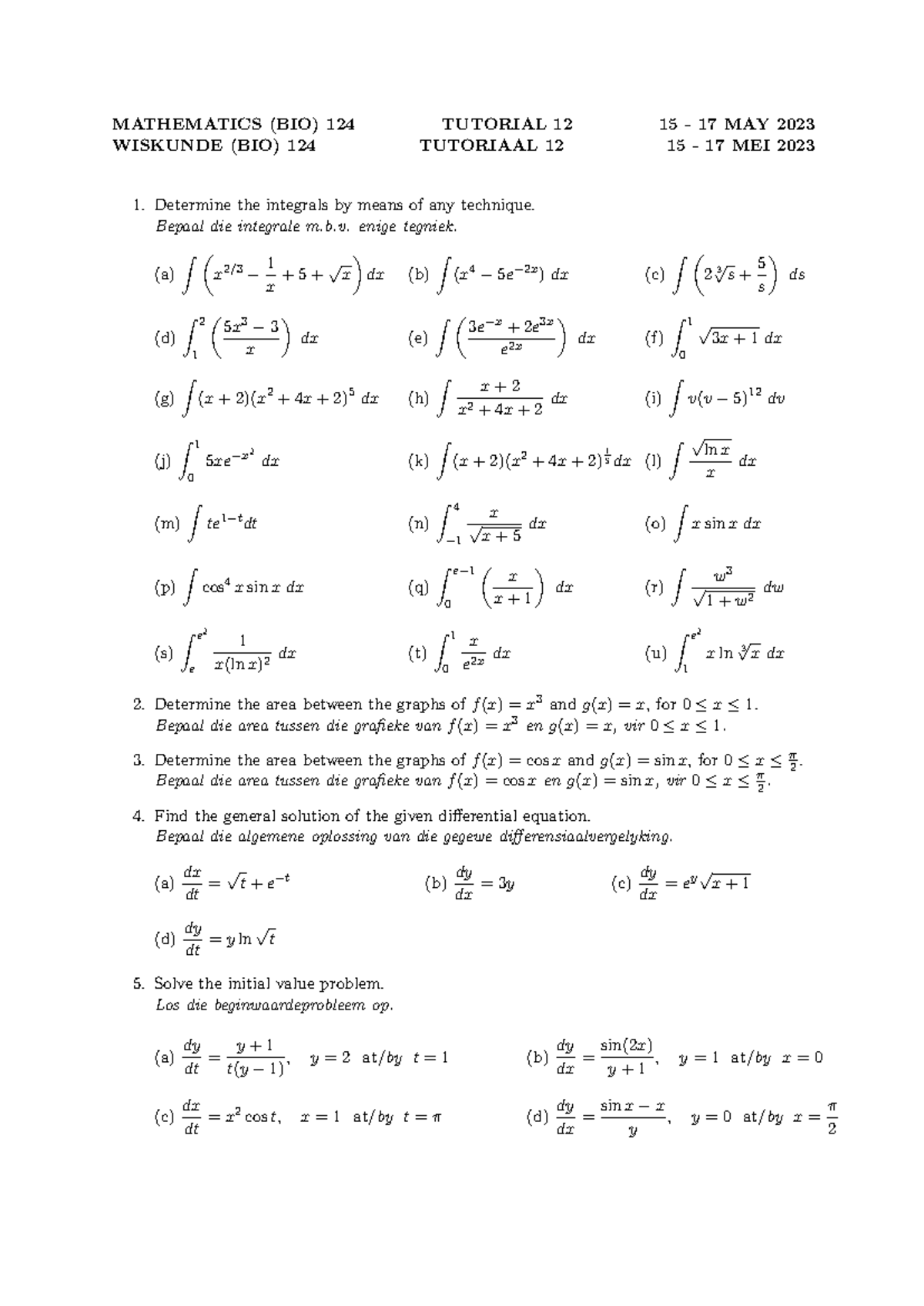 Tut 12 - Being able to complete this prepares you for an exam - MATHEMATICS (BIO) 124 TUTORIAL ...