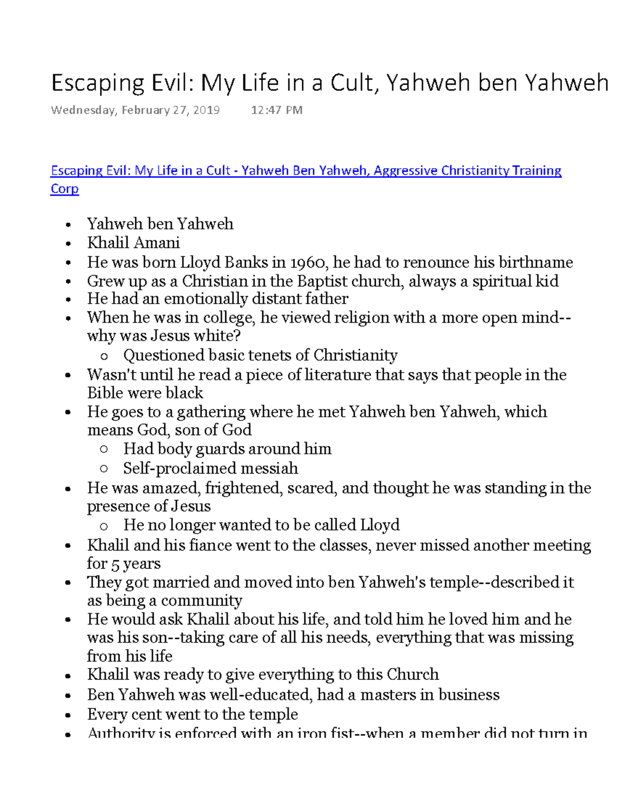 Escaping Evil My Life in a Cult, Yahweh ben Yahweh - Studocu