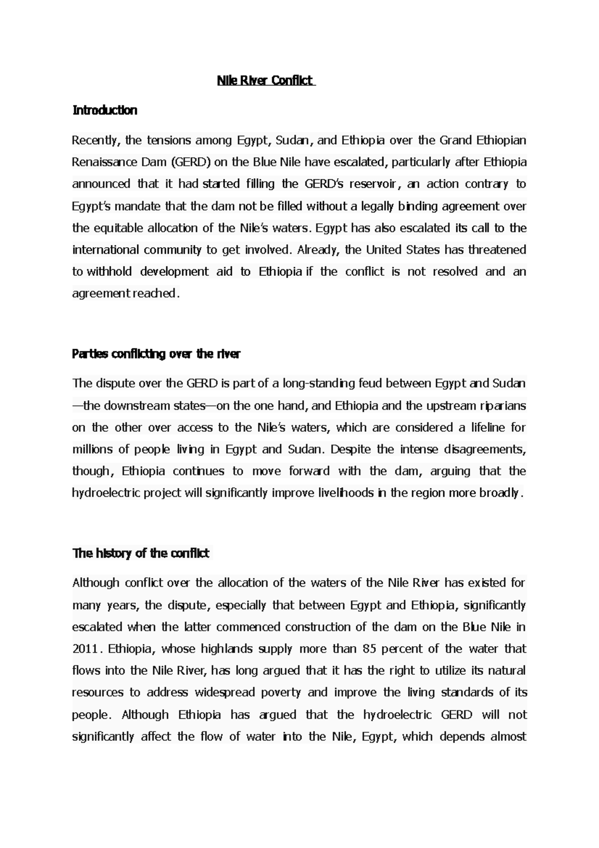 Nile river Dispute - Nile River Conflict Introduction Recently, the ...