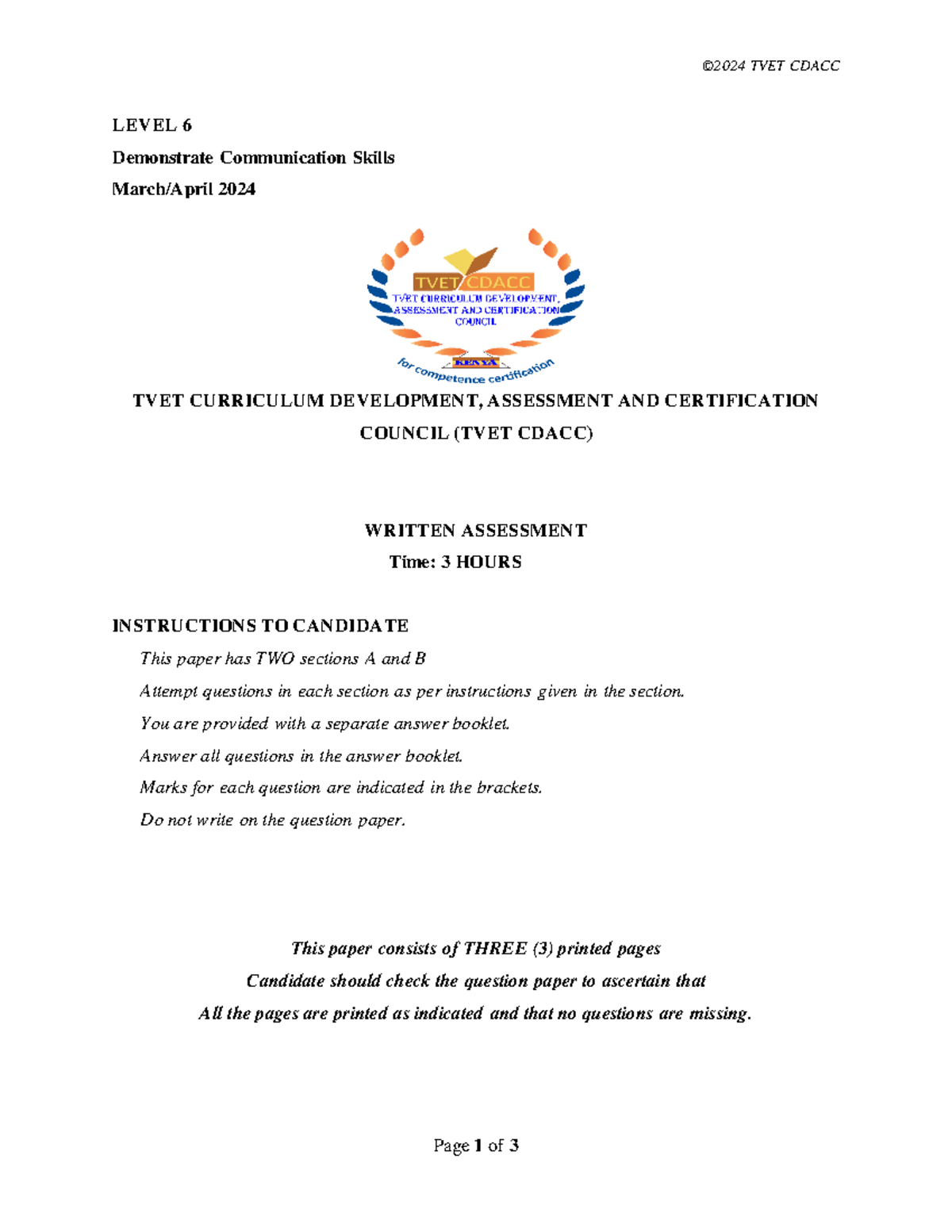 Perioperative level 6 communication skills 2024 - © 2024 TVET CDACC ...