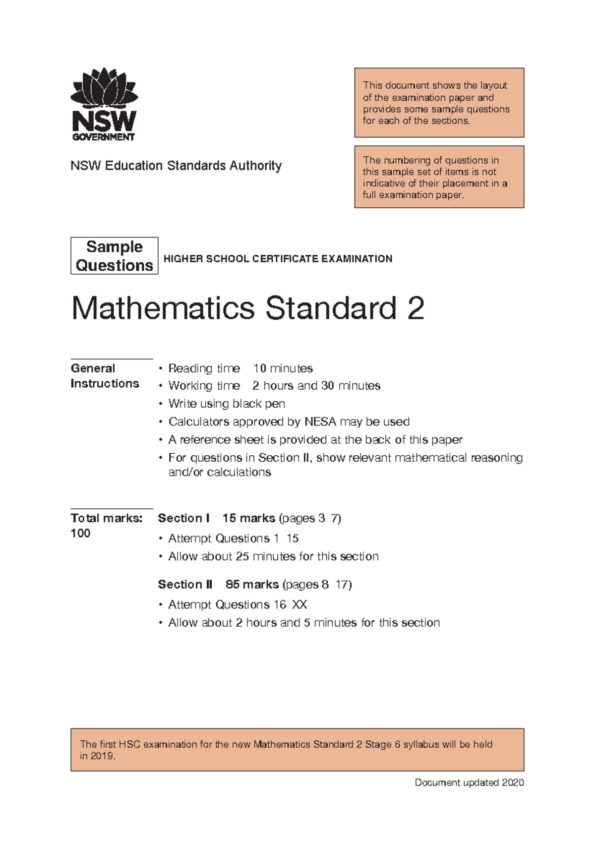 Mathematics Standard 2 Sample Examination Materials (2019 ) - Reading ...