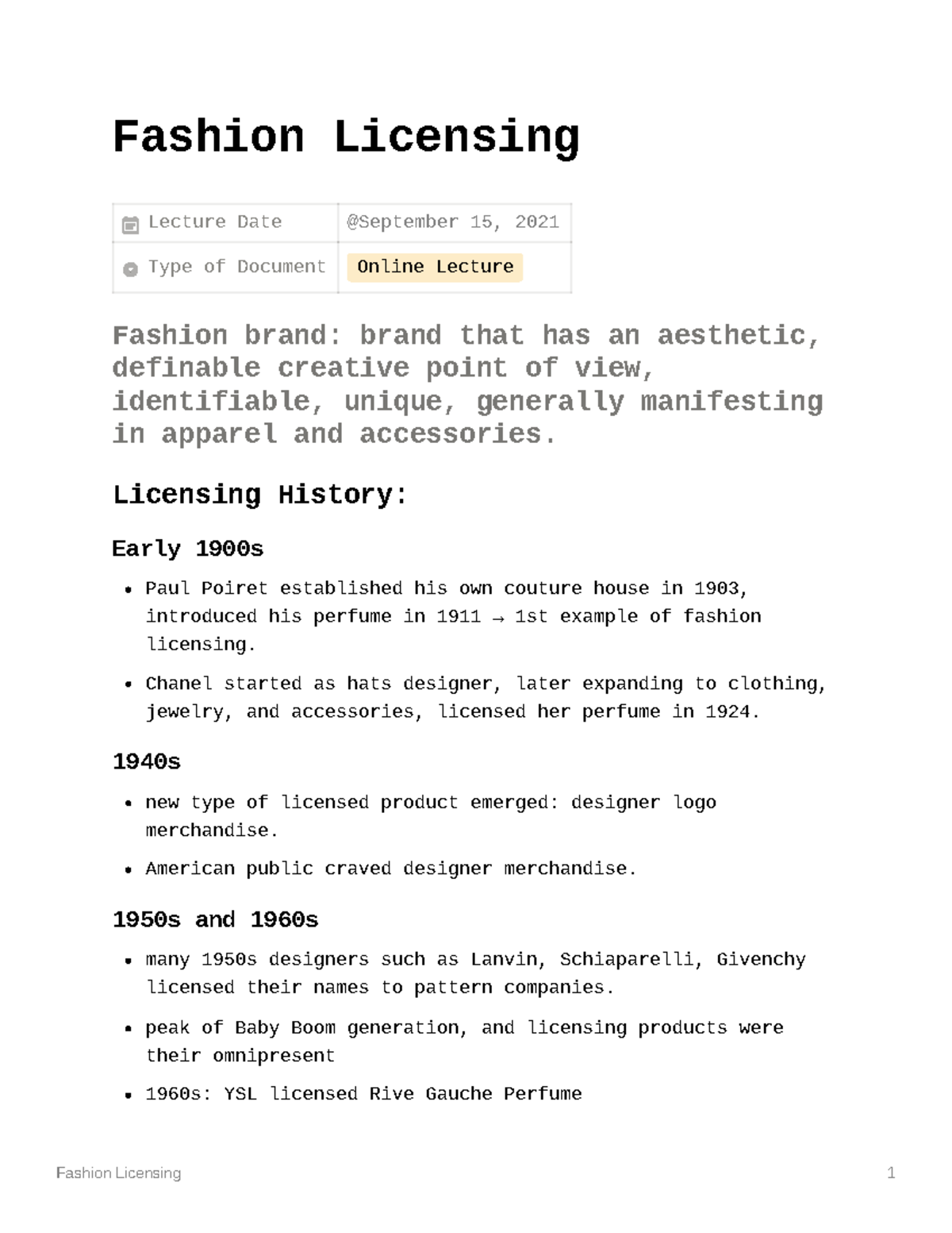 Fashion Licensing - Lecture notes 2 - Fashion Licensing Lecture Date ...