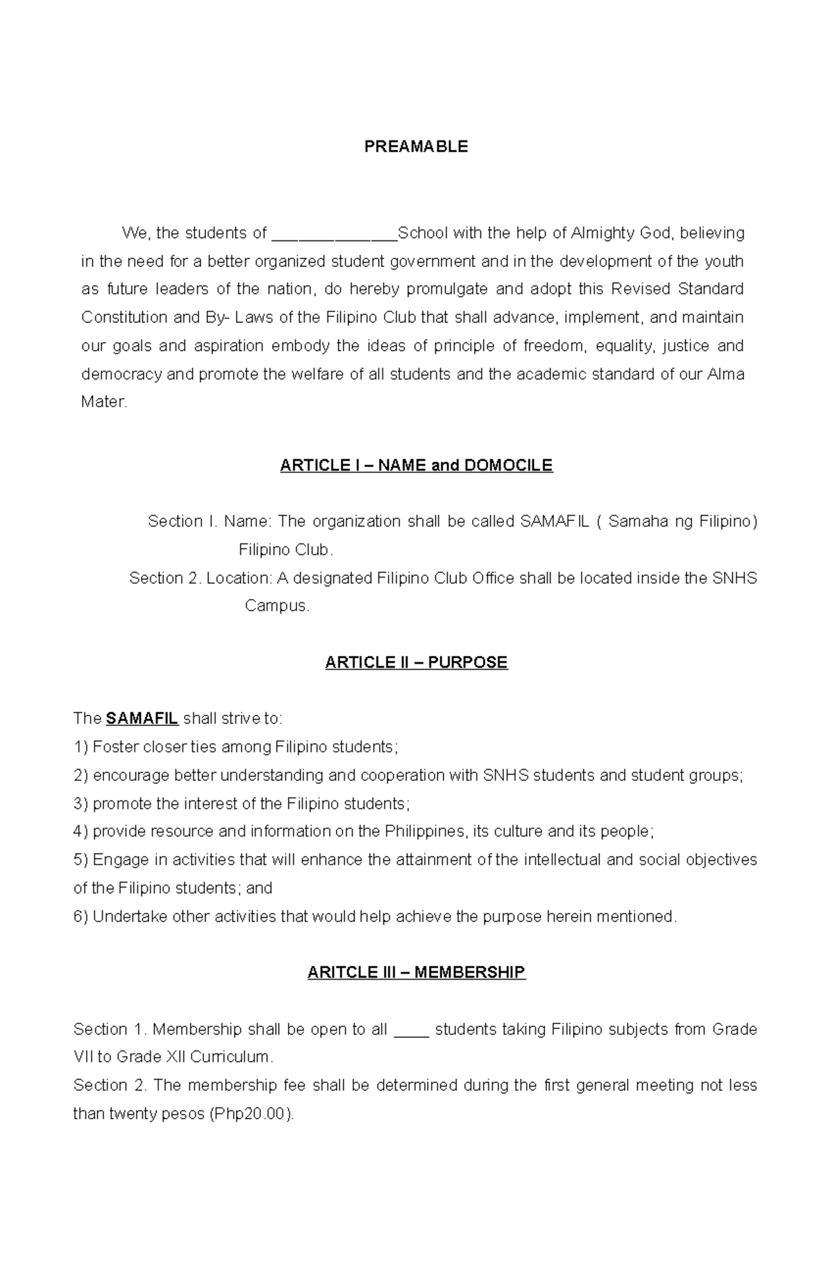 501887115 Filipino club to Download - PREAMABLE We, the students of ...