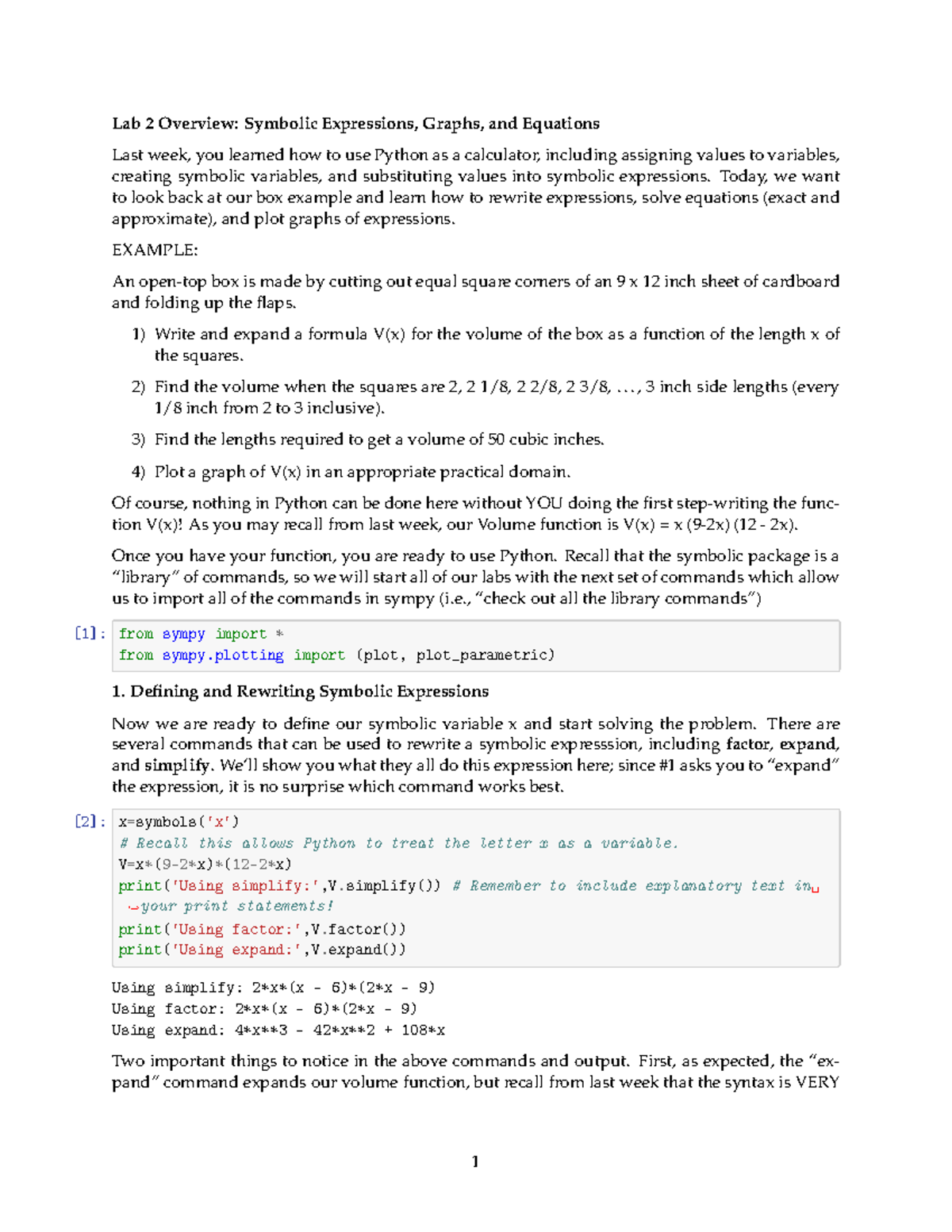 Lab 2 Overview - Lab 2 Overview: Symbolic Expressions, Graphs, and Equations Last week, you ...