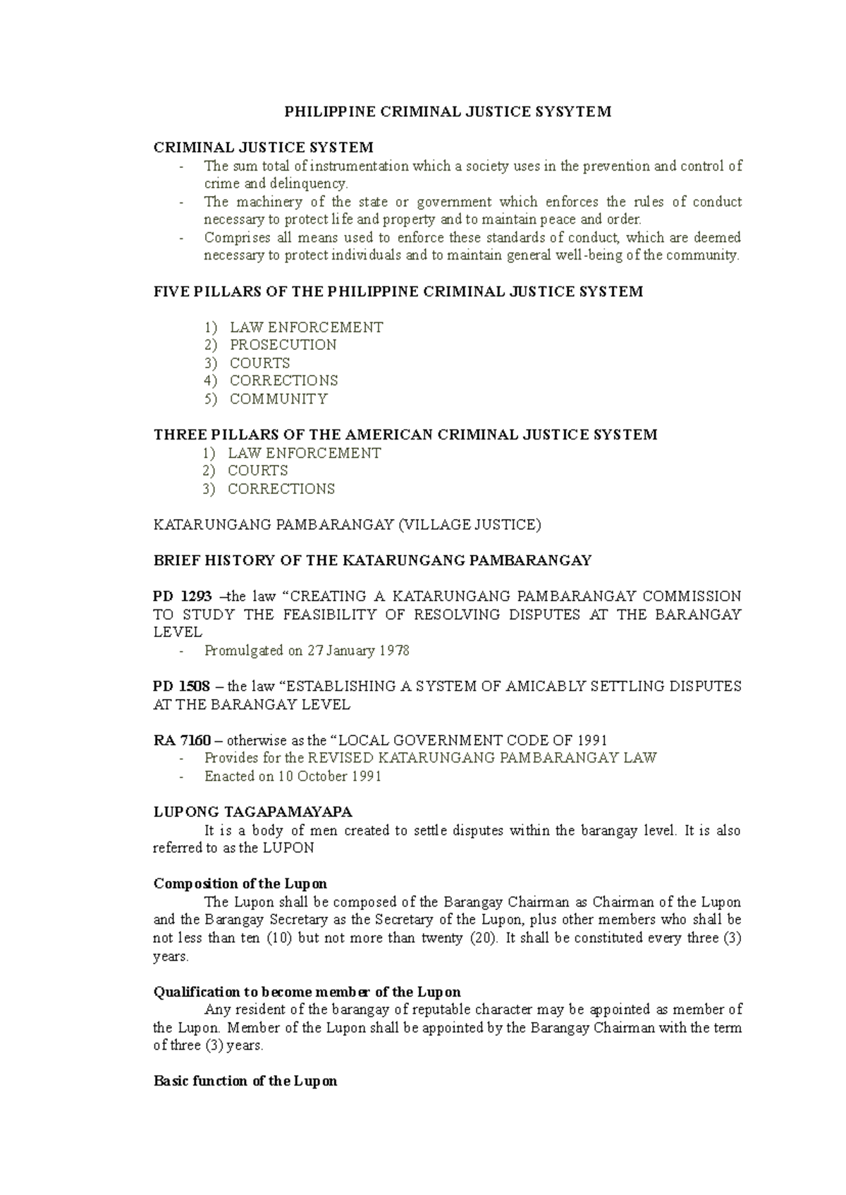 CLJ 1 - CLJ 1 - PHILIPPINE CRIMINAL JUSTICE SYSYTEM CRIMINAL JUSTICE ...