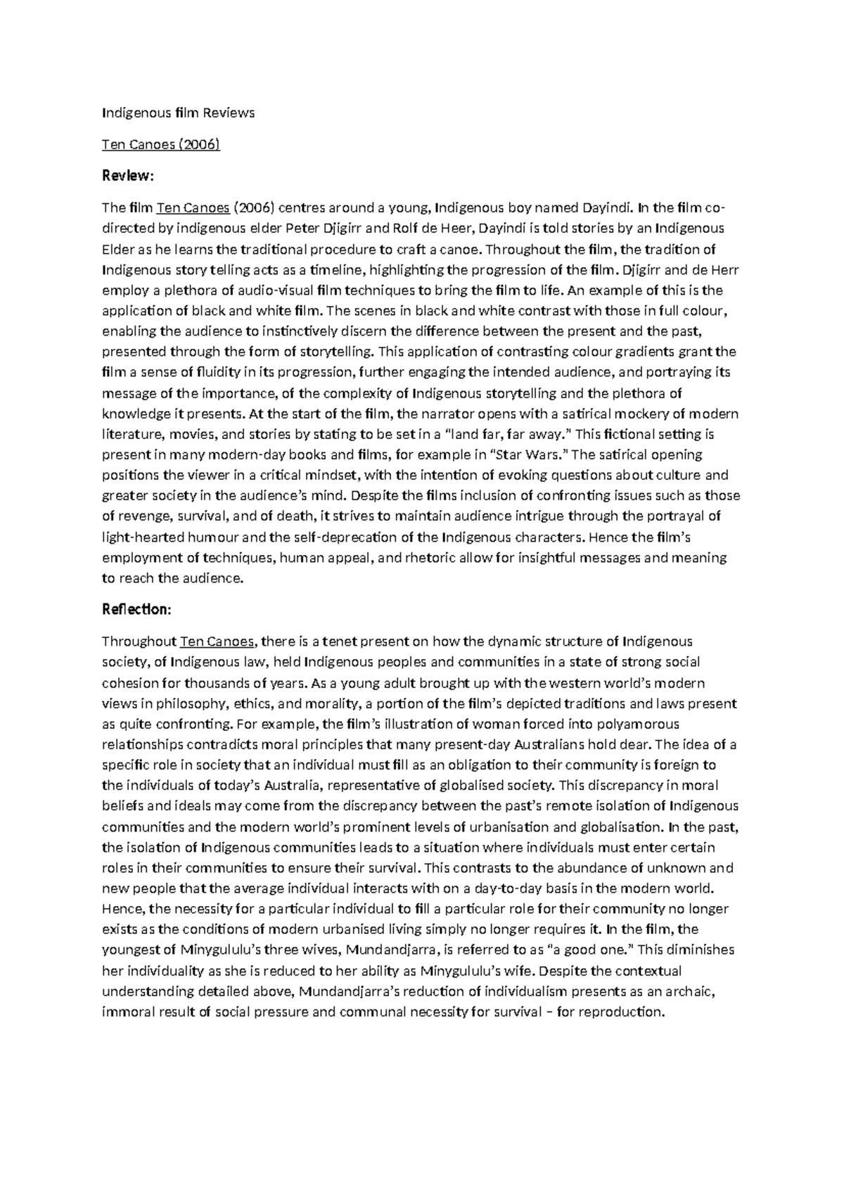 Film Review Assessment - Indigenous film Reviews Ten Canoes (2006 ...
