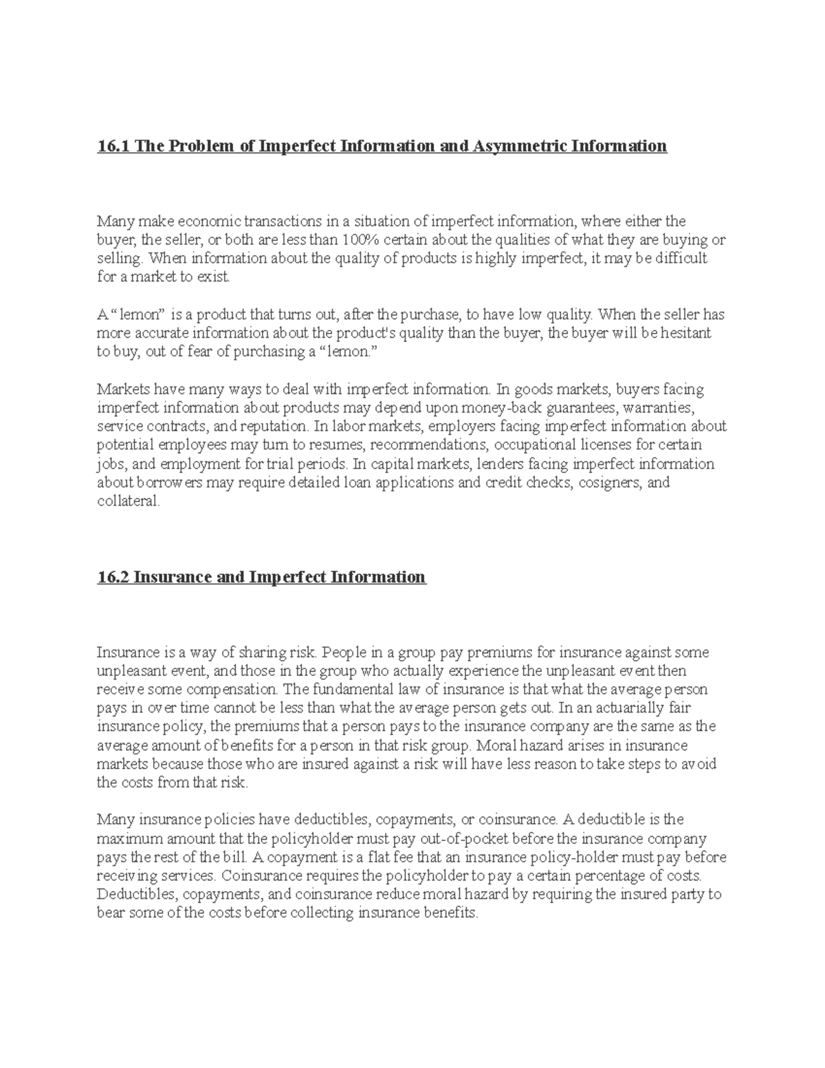Chapter 16 summary - 16 The Problem of Imperfect Information and ...