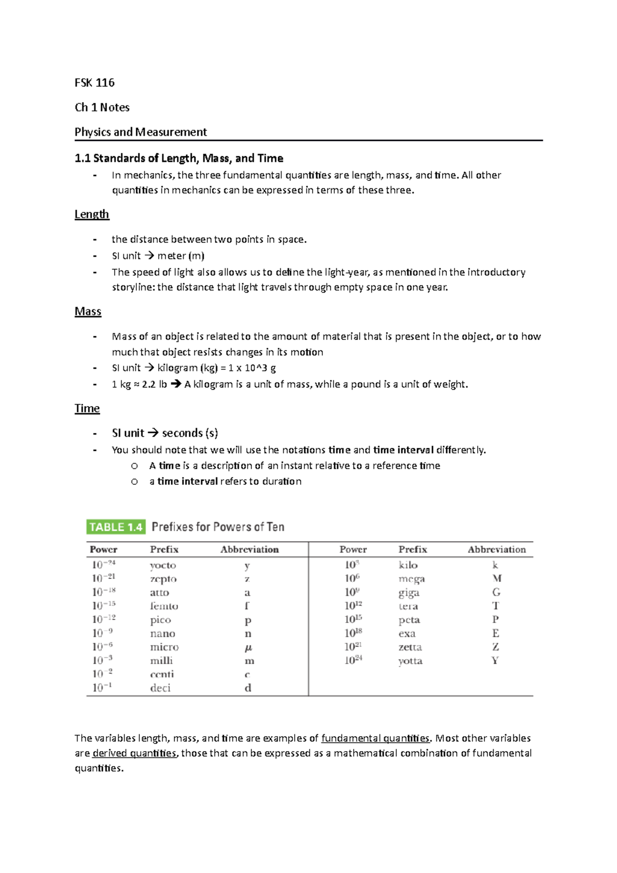 FSK 116 Ch1 Notes - Ch1 summarised, SI unts, Significant figures ...