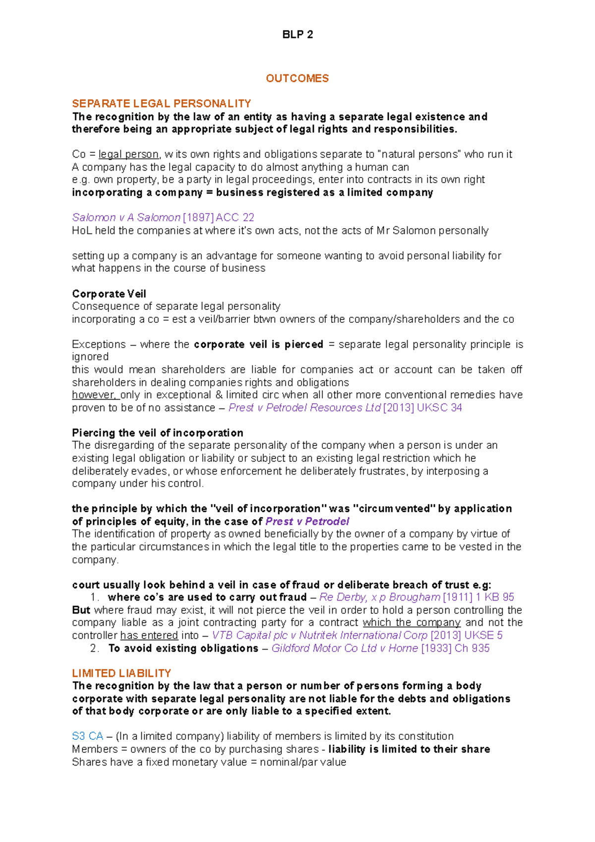 BLP 2 - BLP WORKSHOP 2 - BLP 2 OUTCOMES SEPARATE LEGAL PERSONALITY The recognition by the law of ...