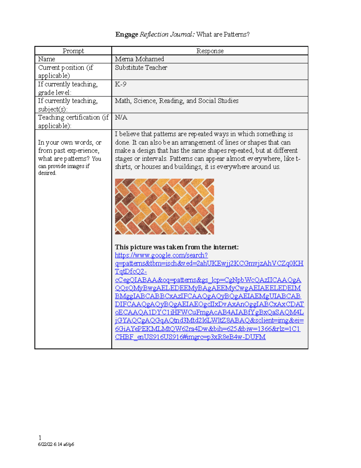 Engage Reflection Journal What are Patterns - I believe that patterns ...
