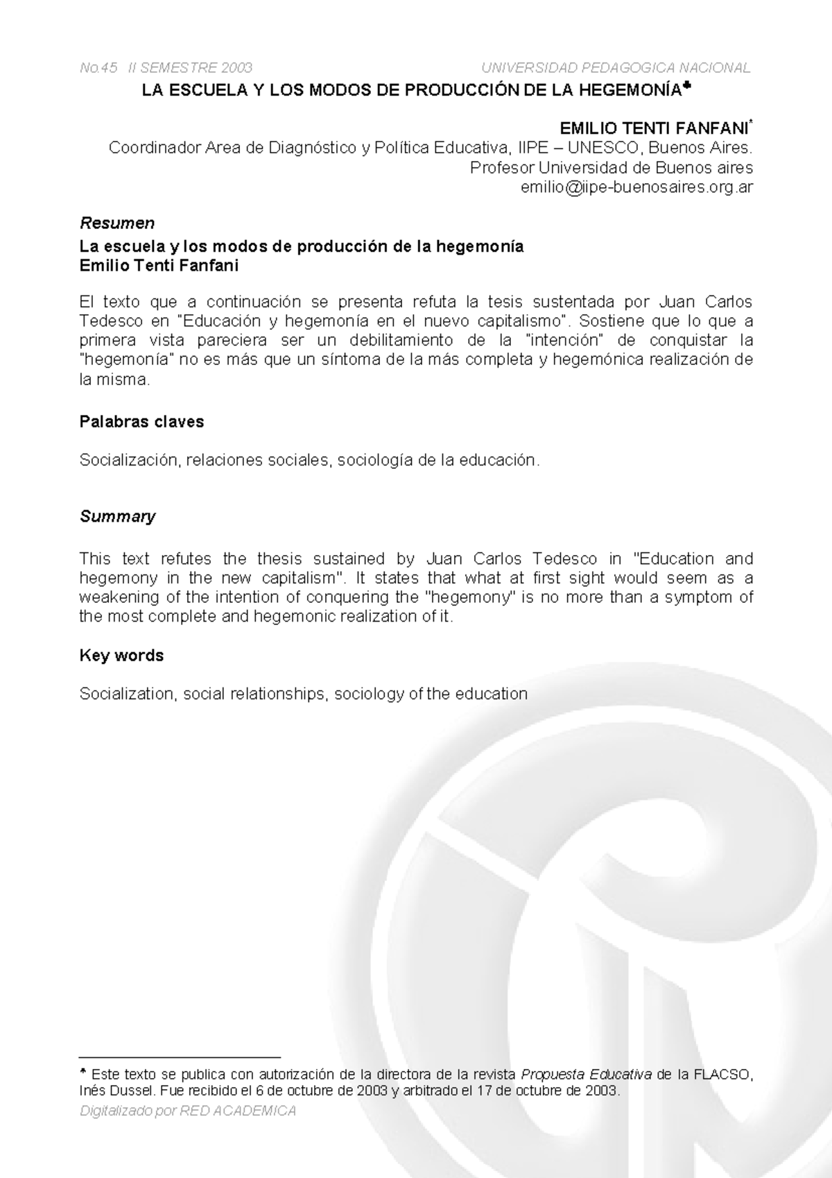 Tenti Fanfani Notas sobre la escuela y los modos... - LA ESCUELA Y LOS MODOS DE PRODUCCI”N DE LA ...