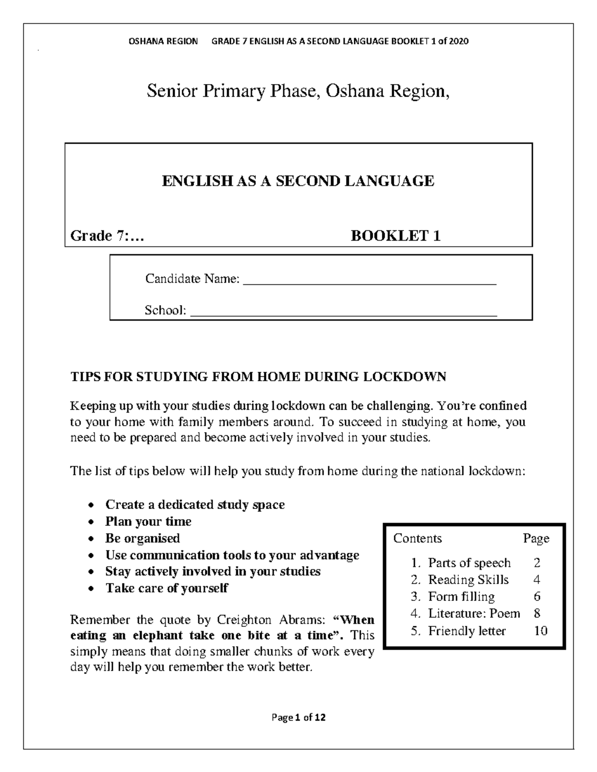 Grade 7 English As A Second Language Booklet 2020 Senior Primary 