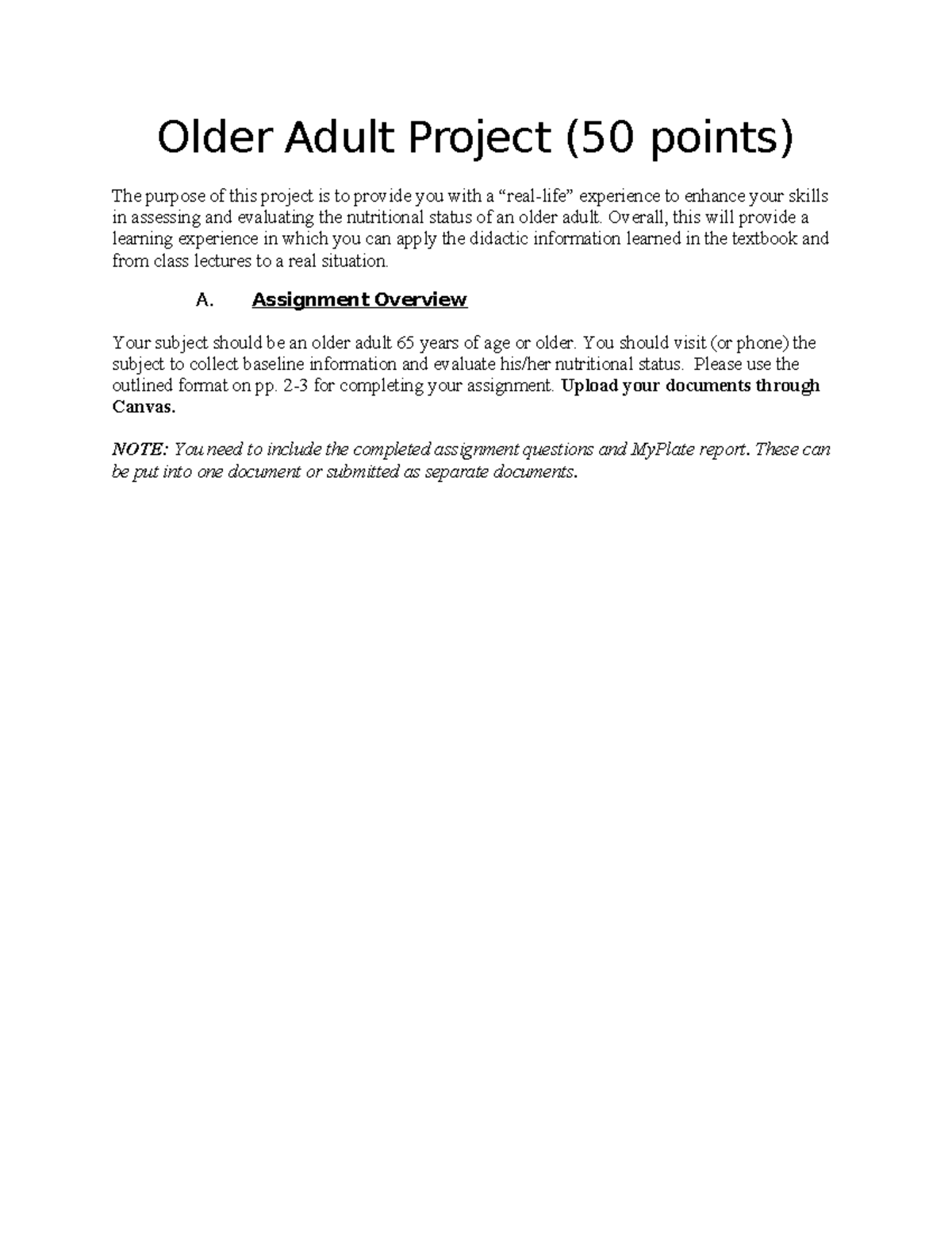 Older Adult Project - Major Assignment - Older Adult Project (50 points ...