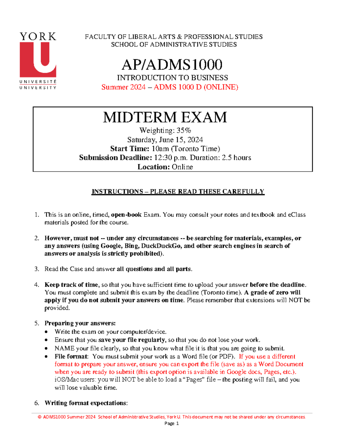 ADMS 1000 D - Summer 2024 - Online Midterm exam - June 9, 2024 - Original - © ADMS1000 Summer ...
