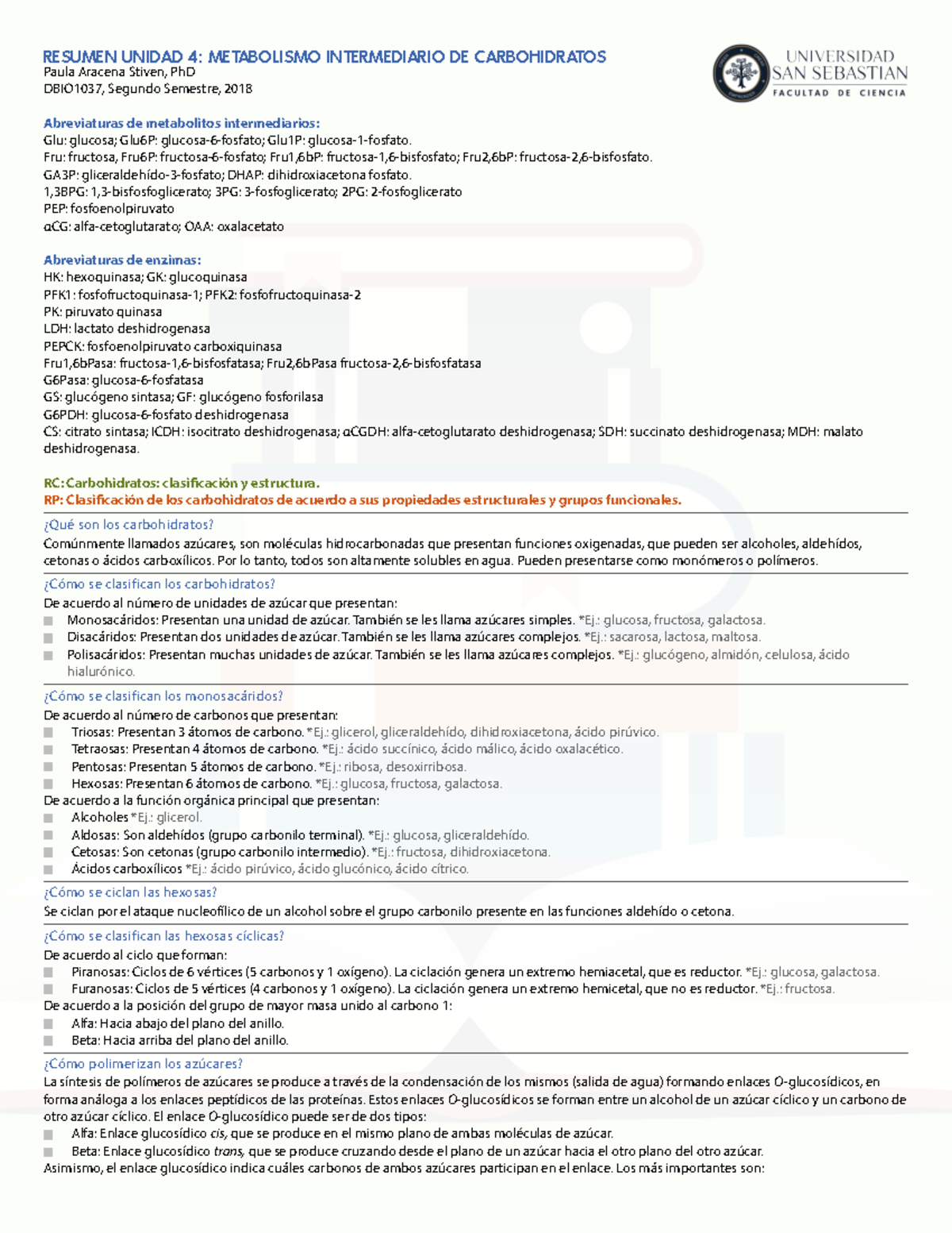 Resumen Unidad 4 2018 20 - RESUMEN UNIDAD 4: METABOLISMO INTERMEDIARIO DE CARBOHIDRATOS Paula ...