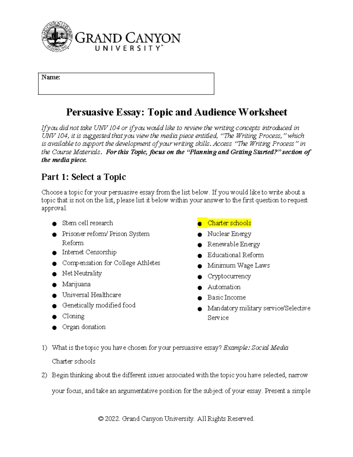 Topicand Audience Worksheet PHI105 Persuasive Essay Planning 9 5 22 ...