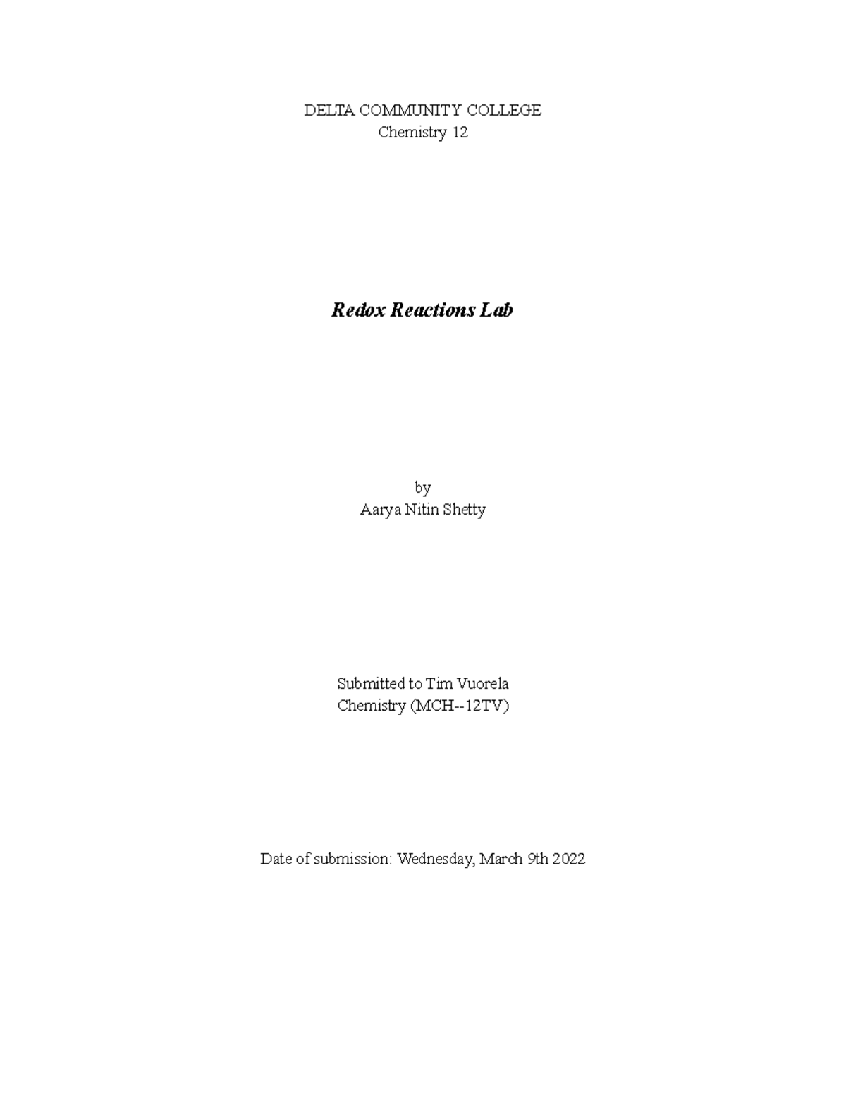 Chemistry 12 Unit 7 - Project - DELTA COMMUNITY COLLEGE Chemistry 12 ...