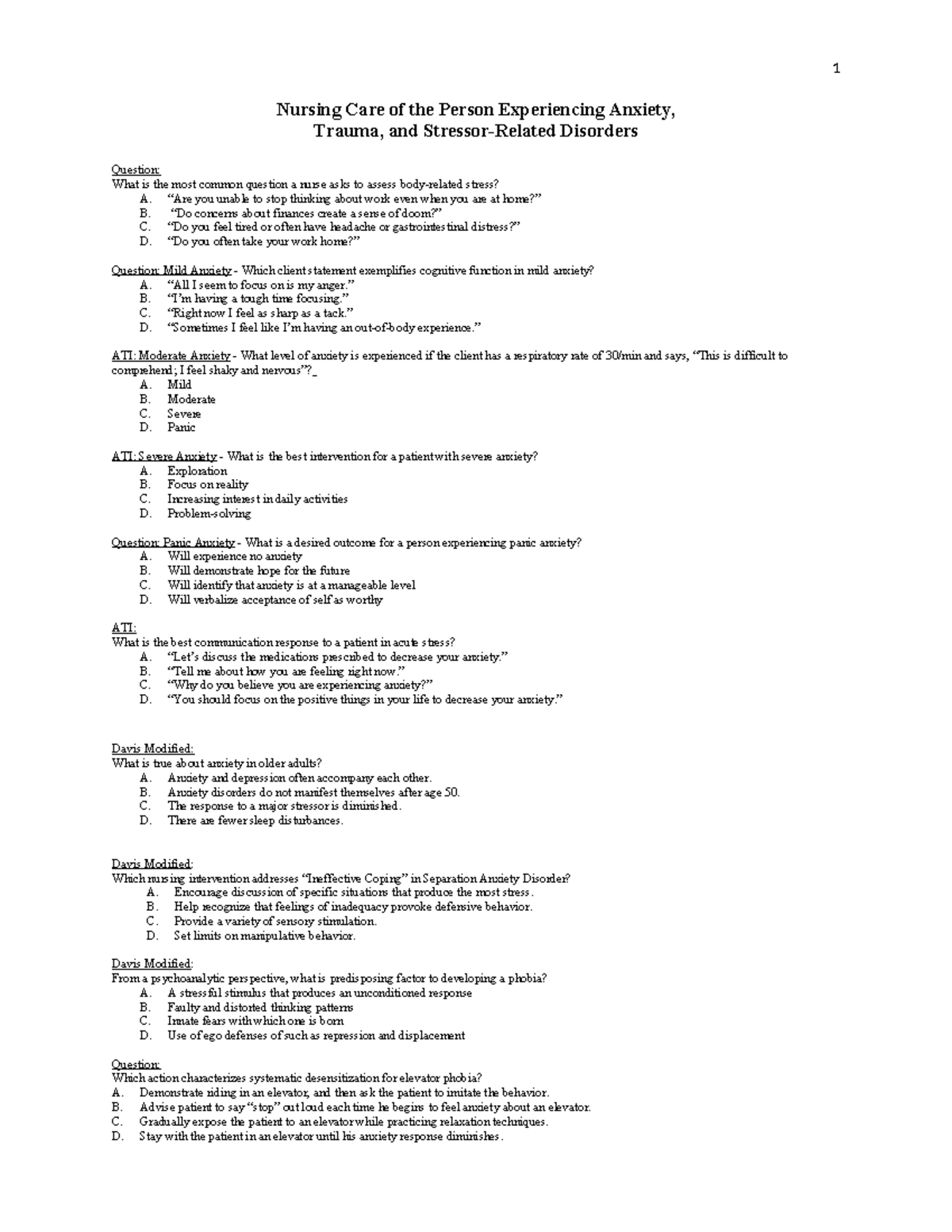 Anxiety Script with Answers(1) - Nursing Care of the Person ...